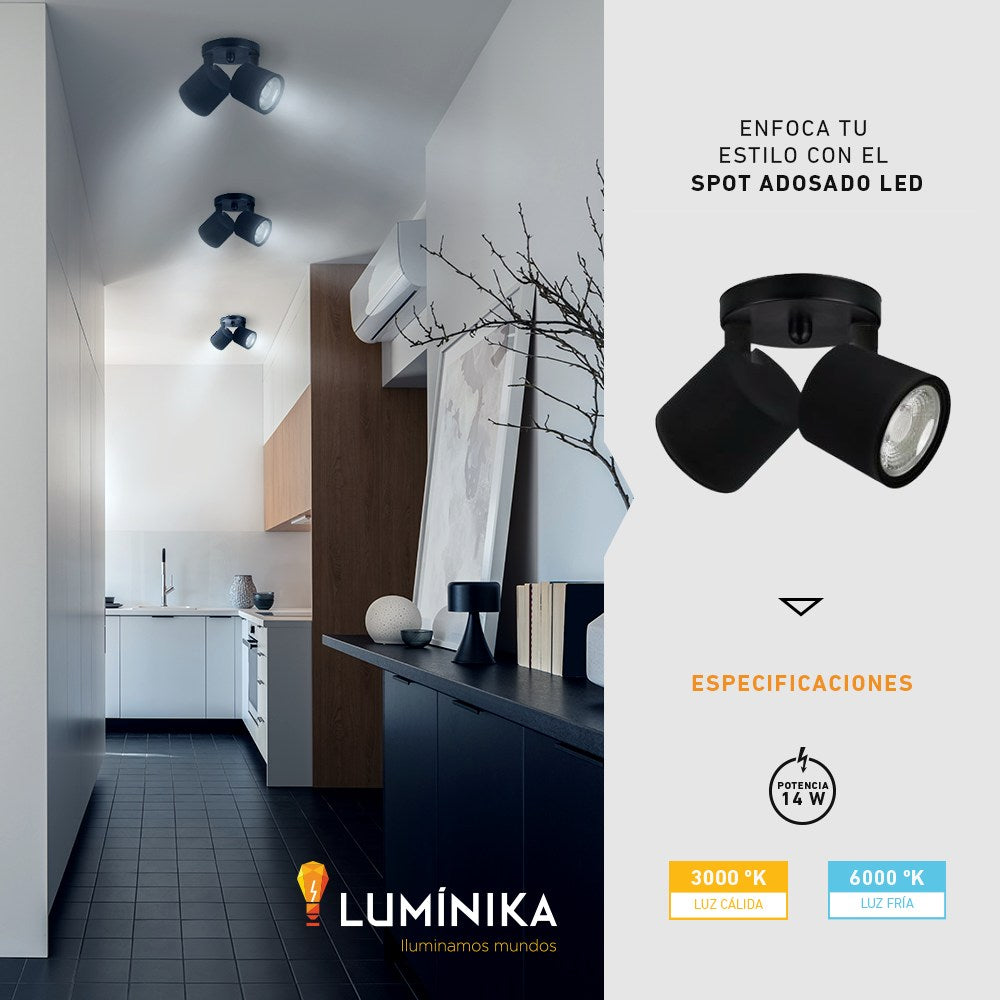 SPOT LED ADOSADO NEGRO LUZ AMARILLA 14W